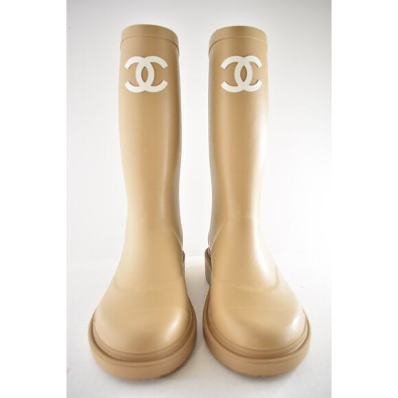 CHANEL | Shoes | Chanel Rev Beige White Wellington Wellies Cc Logo Pull ...
